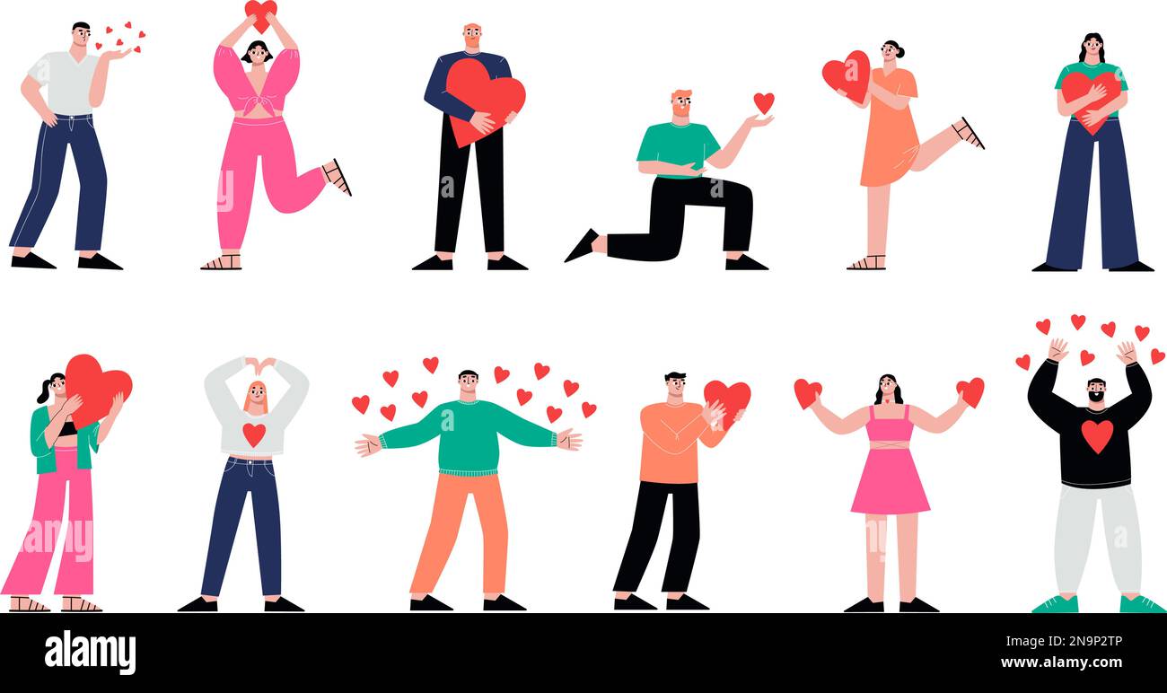 Flat people sharing love, holding hearts and donate together. Emotional ...