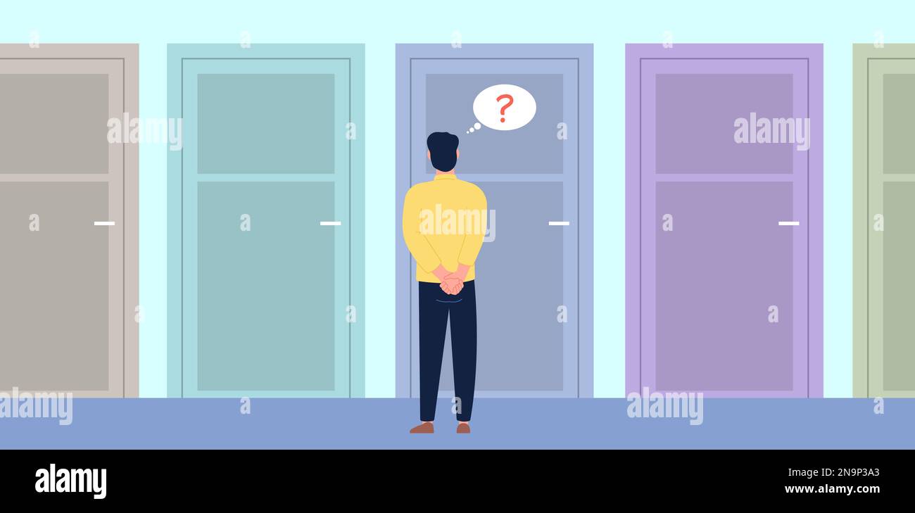 Thoughtful man choose door for entered. Choice problem, thinking ...