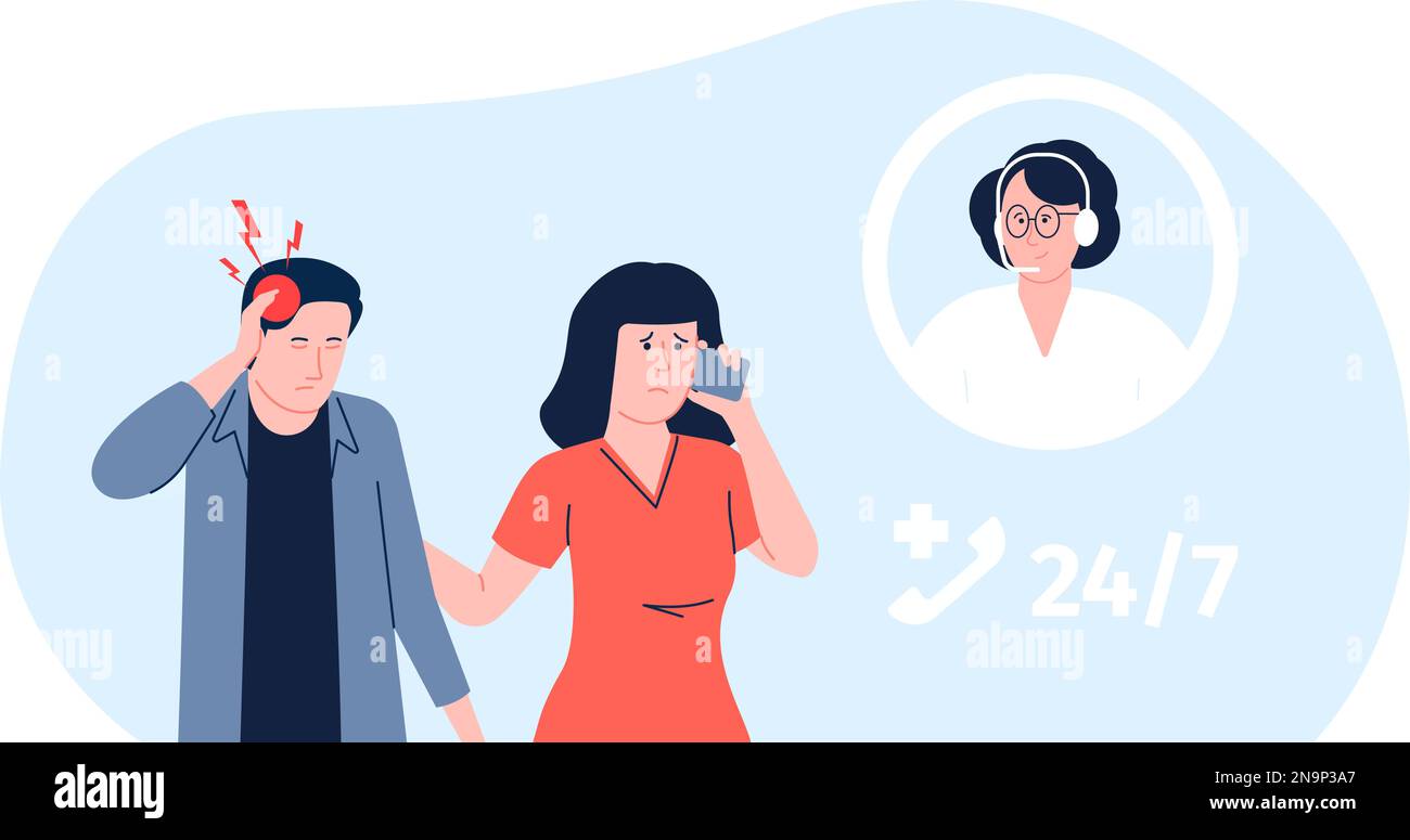 Woman call to emergency for husband or son. Man with headache, sick flu ...