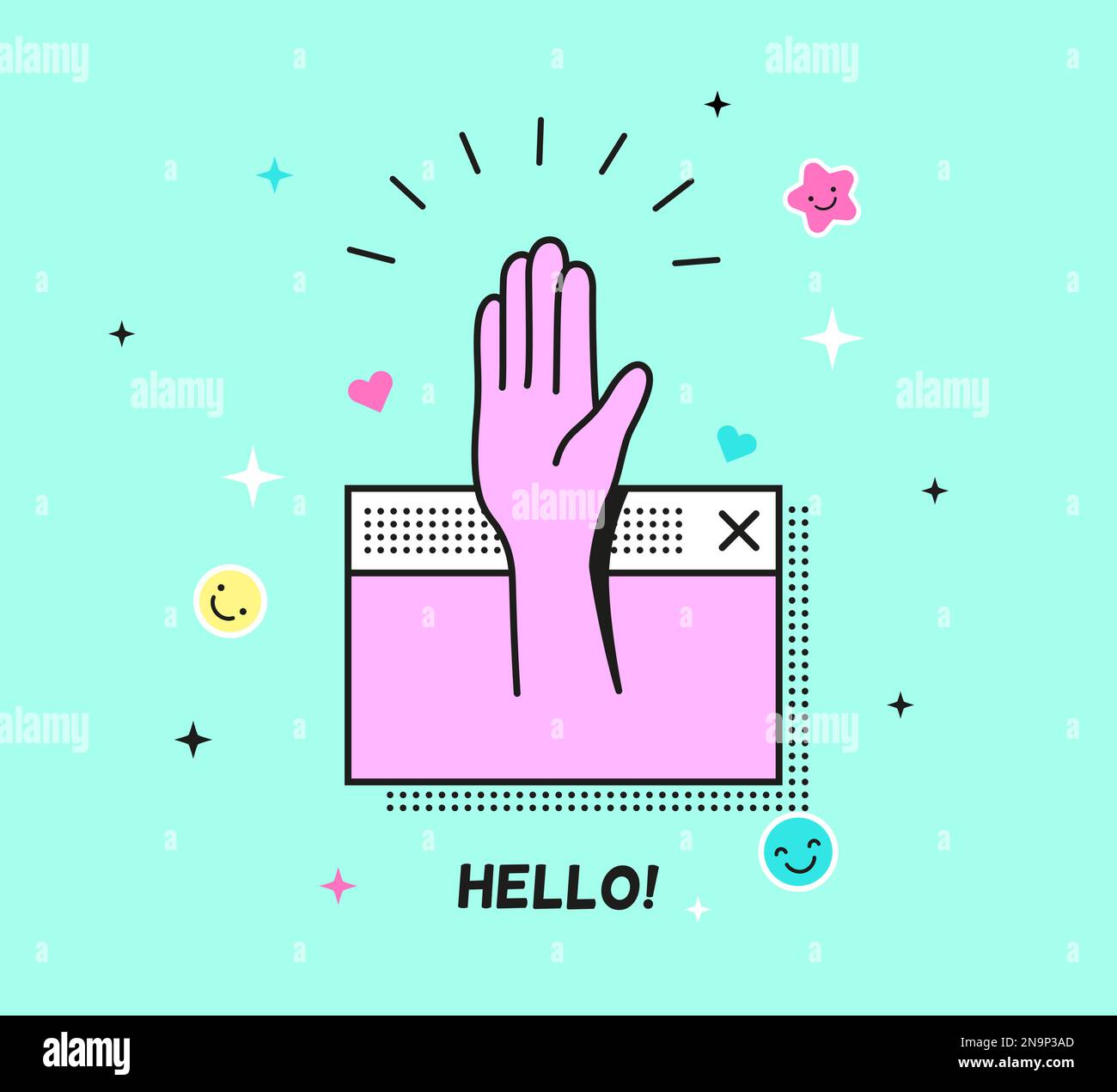 Hello retro poster. Vintage computer web window with hand in greeting ...