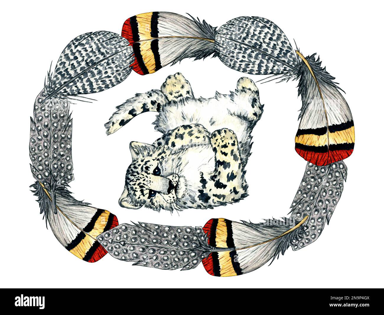 Watercolor wild forest animals: snow leopard in feathers. Nature ...