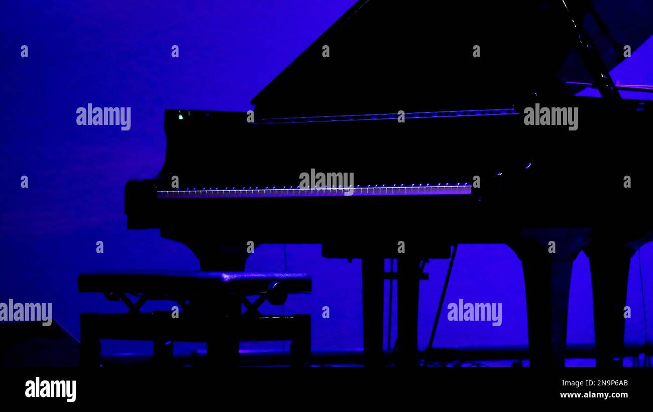 A grand piano placed on the stage of a dimly lit live house before the ...