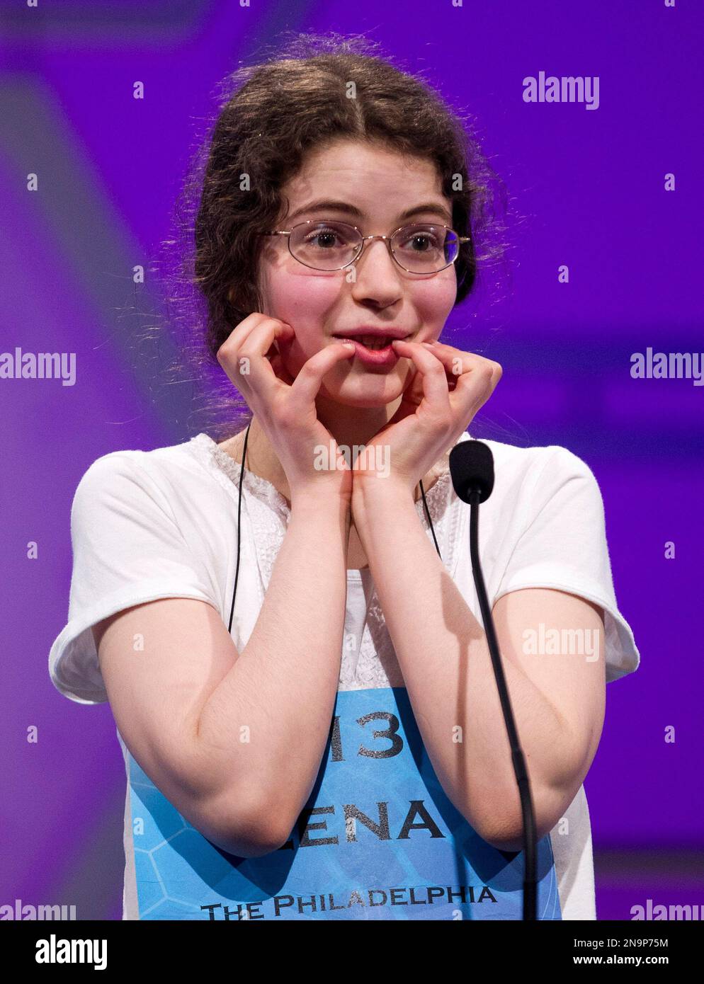Lena Greenberg, 14, of Philadelphia concentrates as she spells the word ...