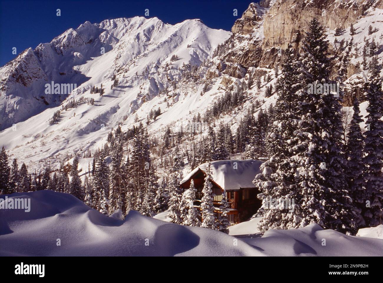 Mountain cabin in the snow, Alta Superior Peak, Wasatch Mountains, Utah ...