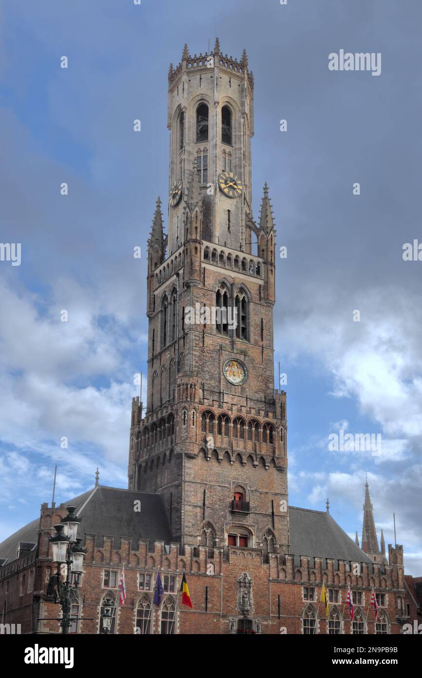 The Belfry of Bruges, medieval bell tower in the center of Bruges ...