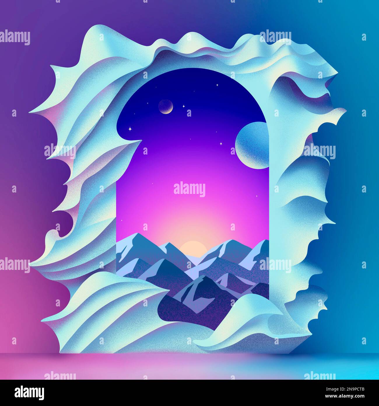 Arched window, embossed fantasy frame in the form of waves, mountain ...