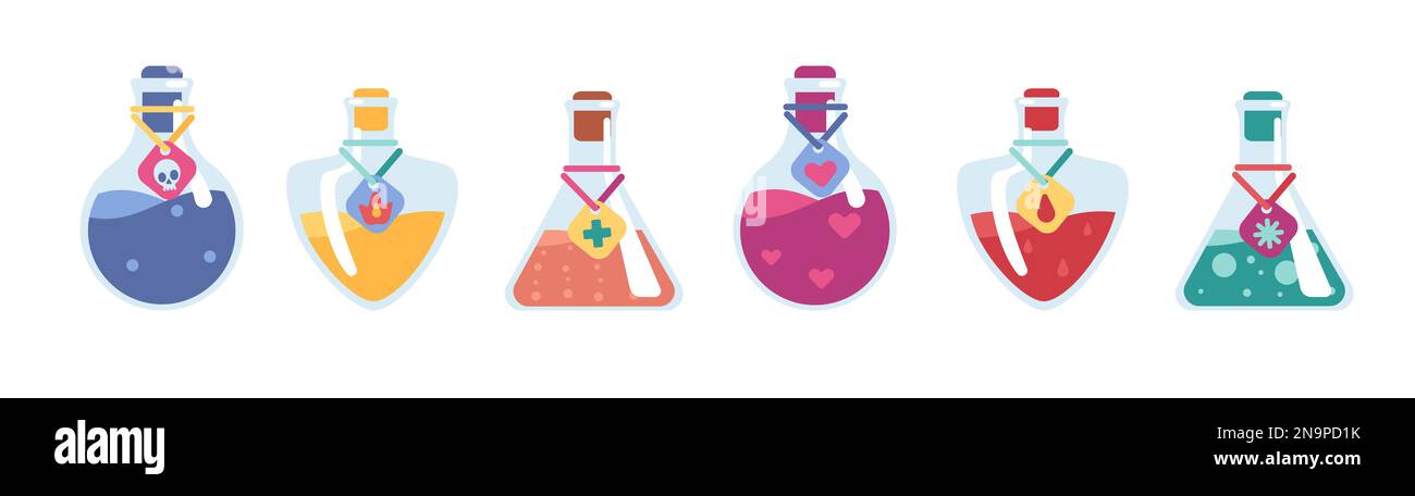 Bottles with magic potions. Alchemy elixir. Magical substance. Game ...