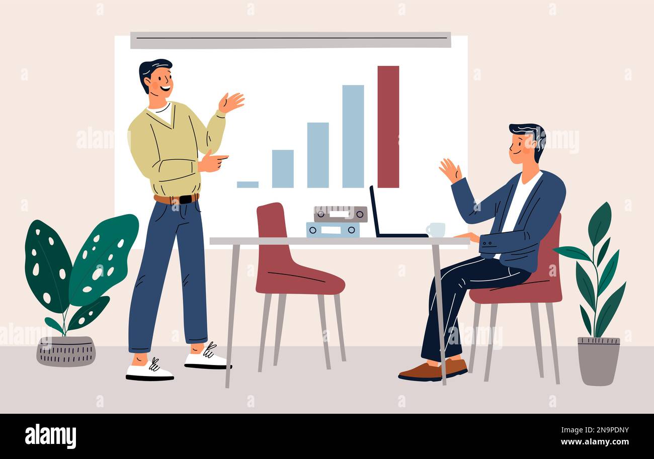 Business people project presentation. Employee shows graphs to boss ...