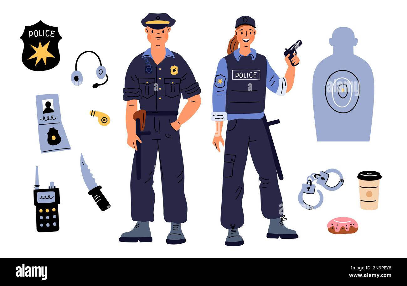 Cartoon police elements. Patrol man and woman. Different security ...
