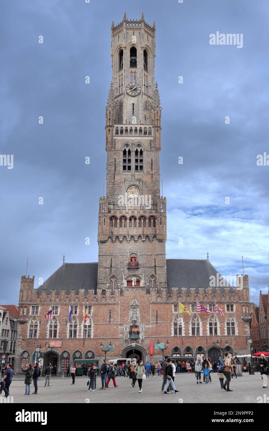 The Belfry of Bruges, medieval bell tower in the center of Bruges ...