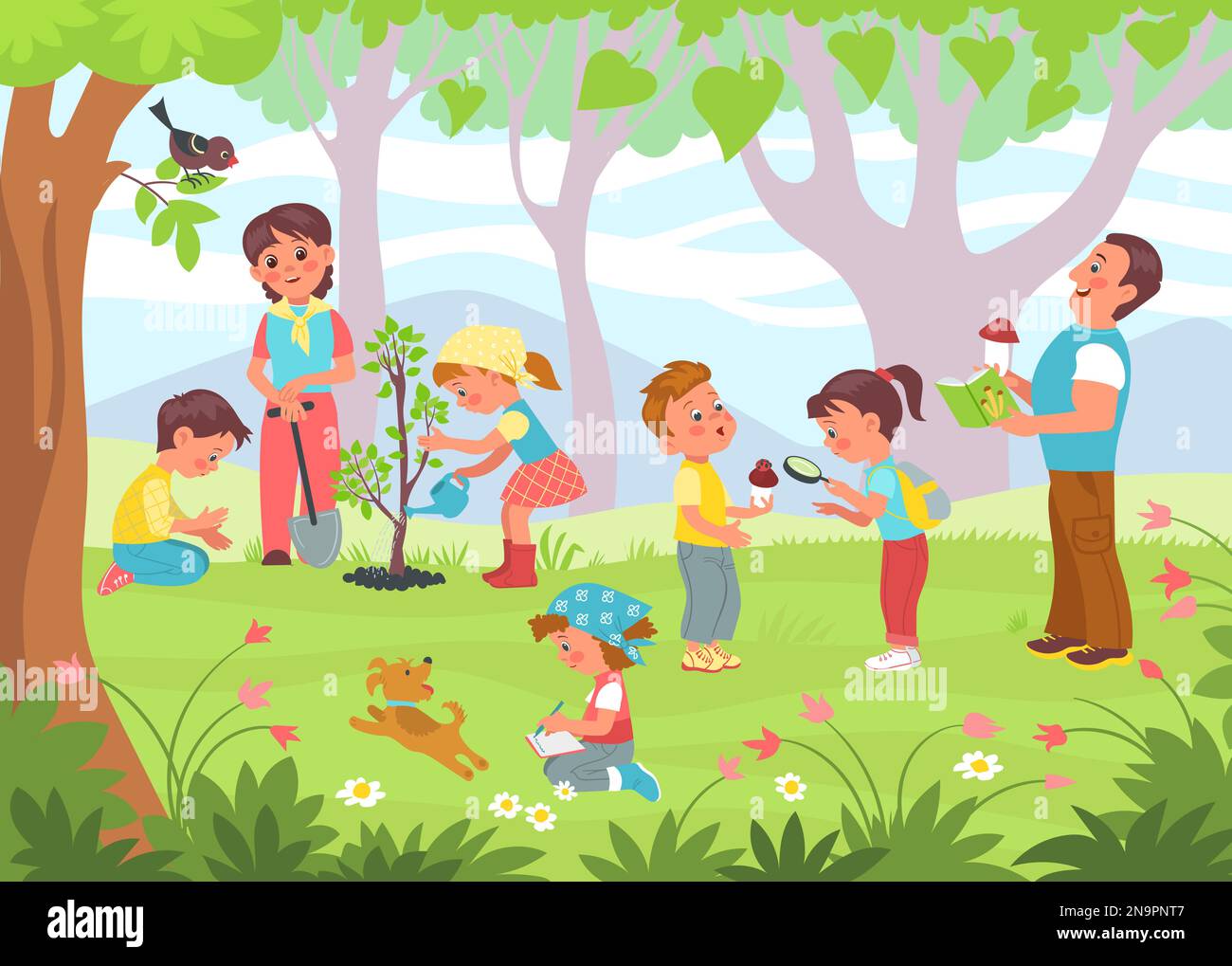 Kids study nature with teacher. Mentors and young naturalists learn ...