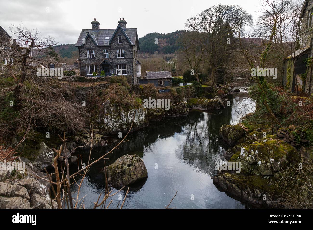 The River Llugwy flowing through the village of Betws-y-Coed,Wales,UK ...