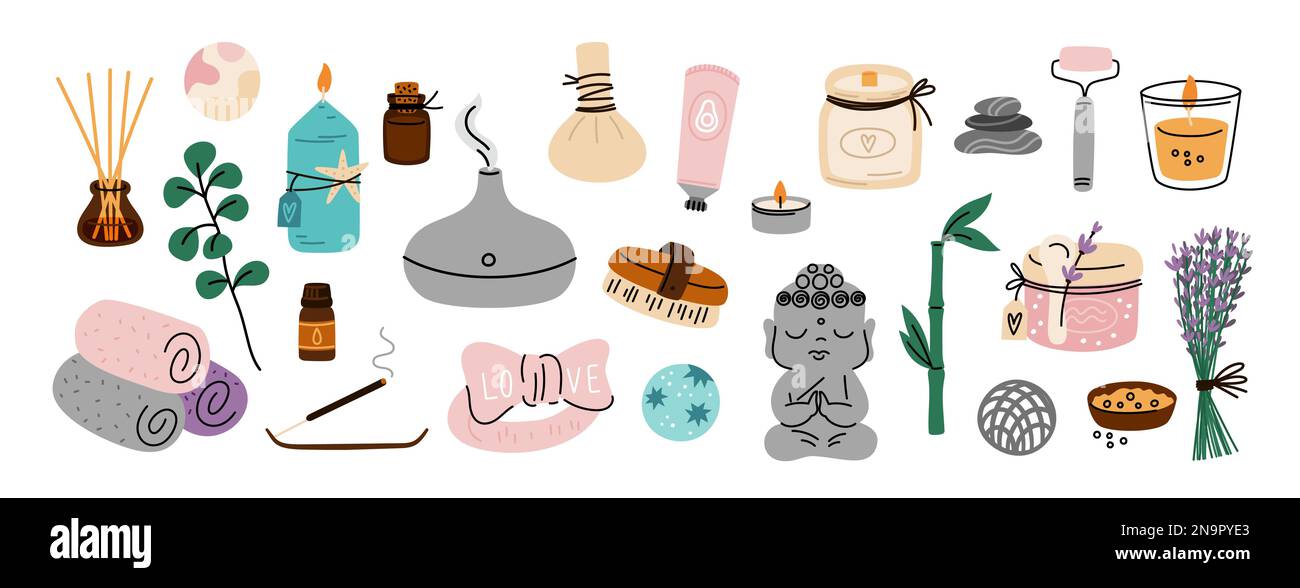 Spa salon elements. Aromatherapy and massage items. Cozy things and ...