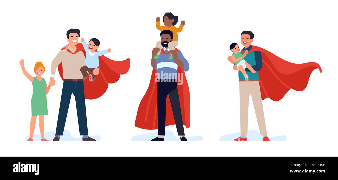 Super dads and their kids. Happy parents with children. Superhero ...
