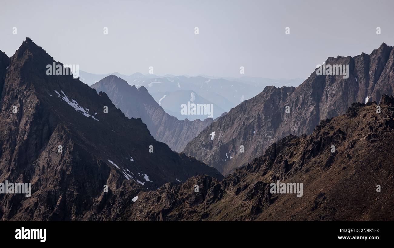 View of jagged mountain peaks of the Chugach Mountains in the Chugach ...