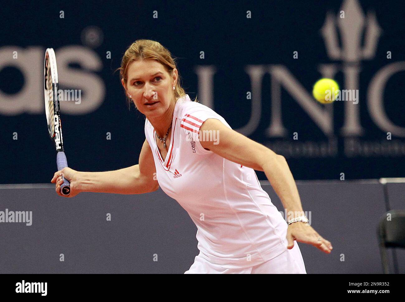 Former tennis star Steffi Graf returns a ball during a "Rise of Legends ...