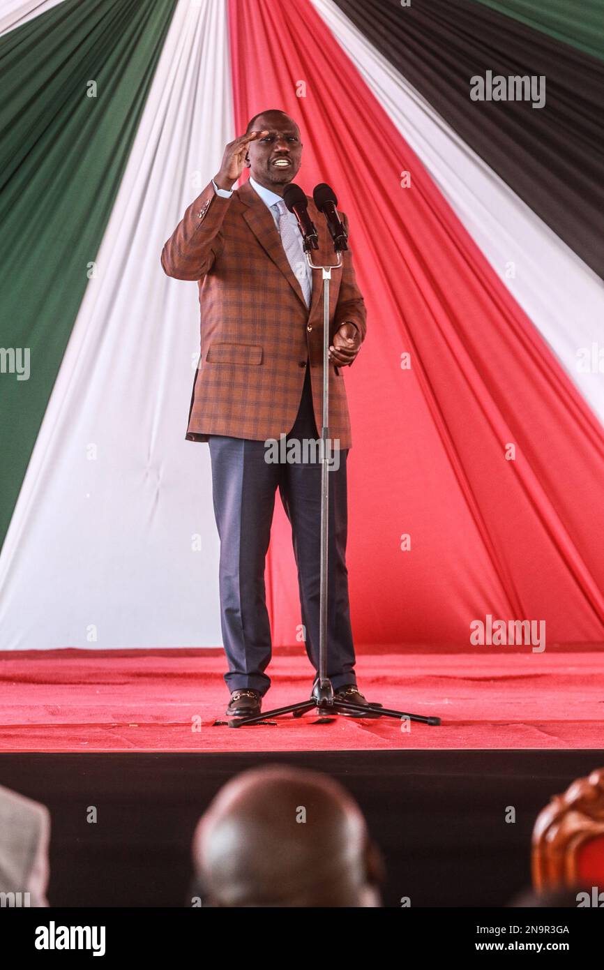 Nakuru, Kenya. 10th Feb, 2023. Kenya's President William Ruto speaks during an ...