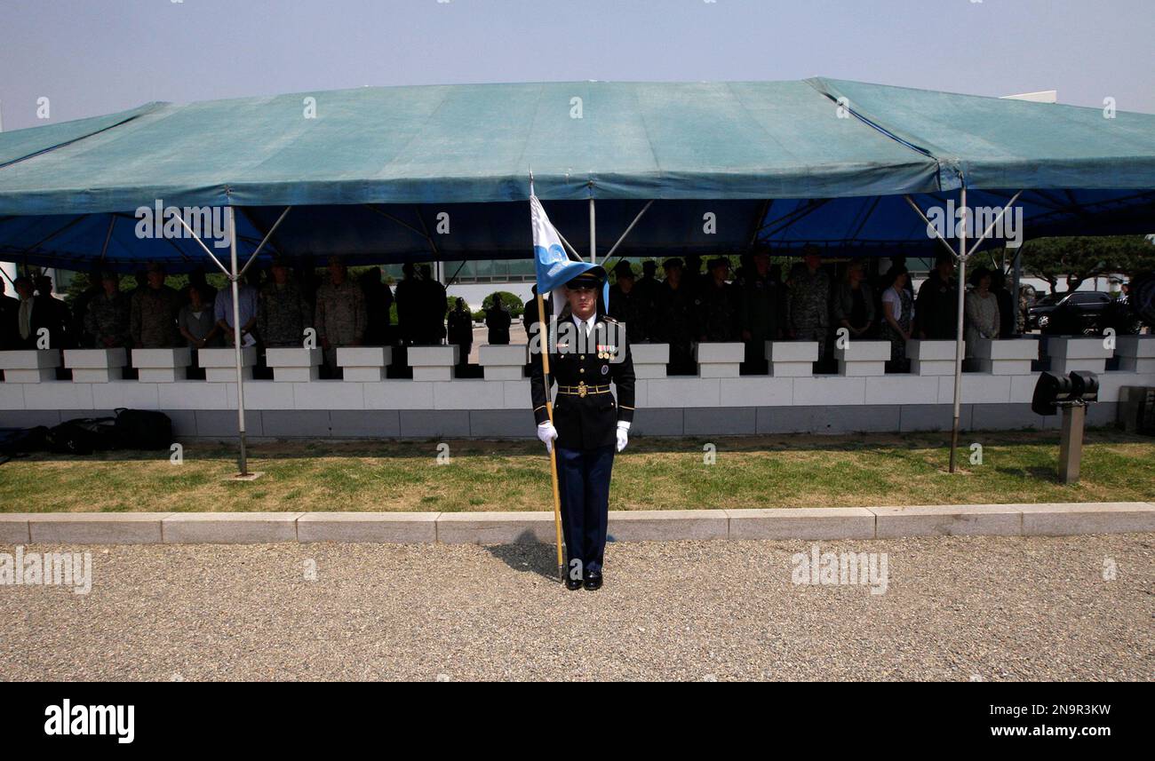 A military guard from the United Nations stands at attention during the ...