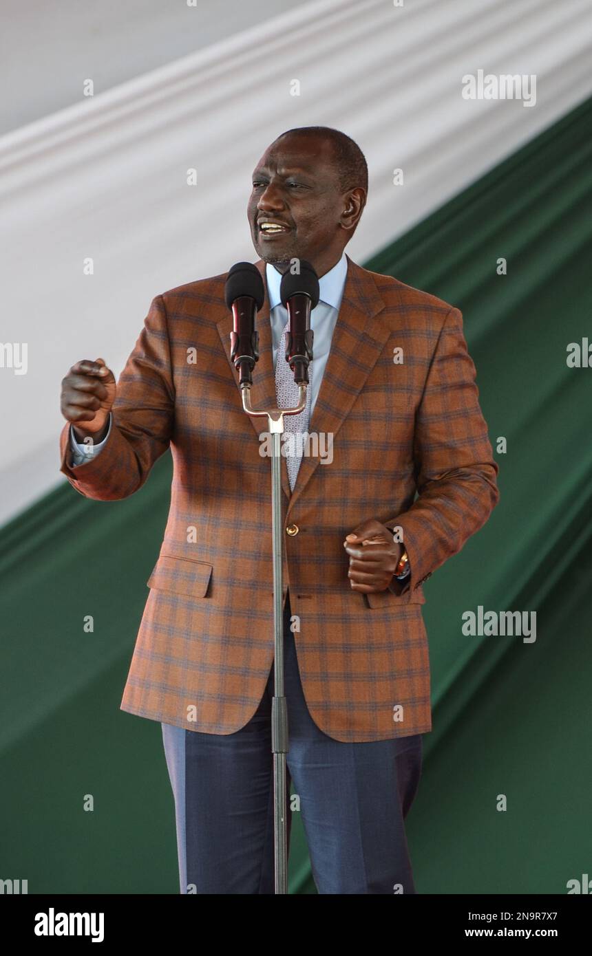 Nakuru, Kenya. 10th Feb, 2023. Kenya's President William Ruto speaks during an ...