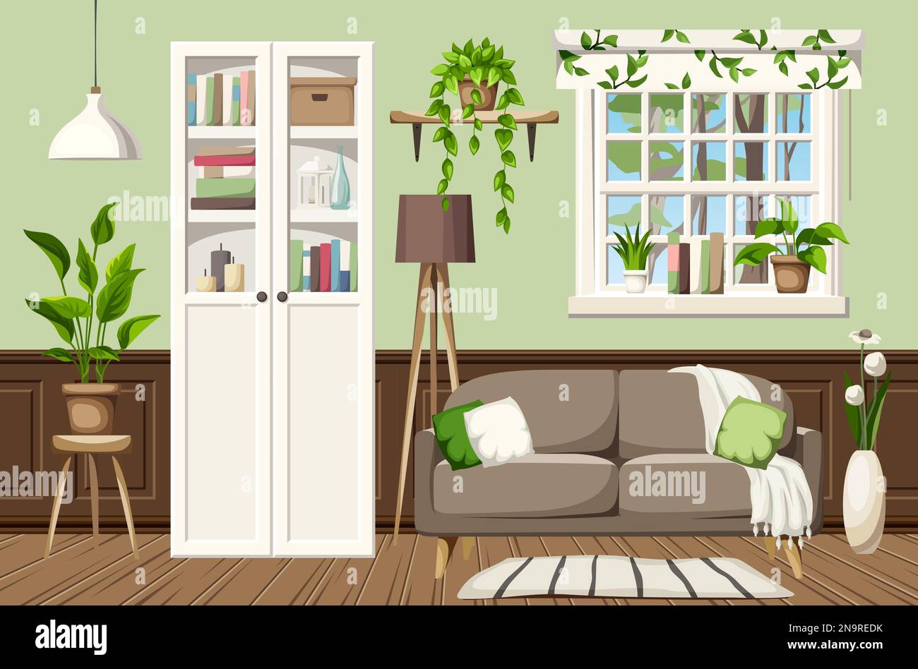 Living room interior with a sofa, a white bookcase, a window, and ...