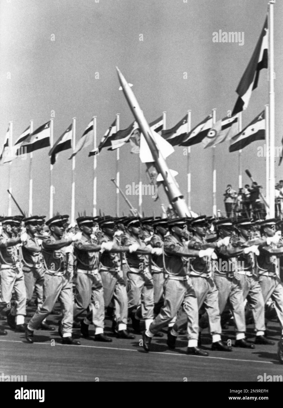 A military parade is seen marching past an SA2 anti aircraft missile ...