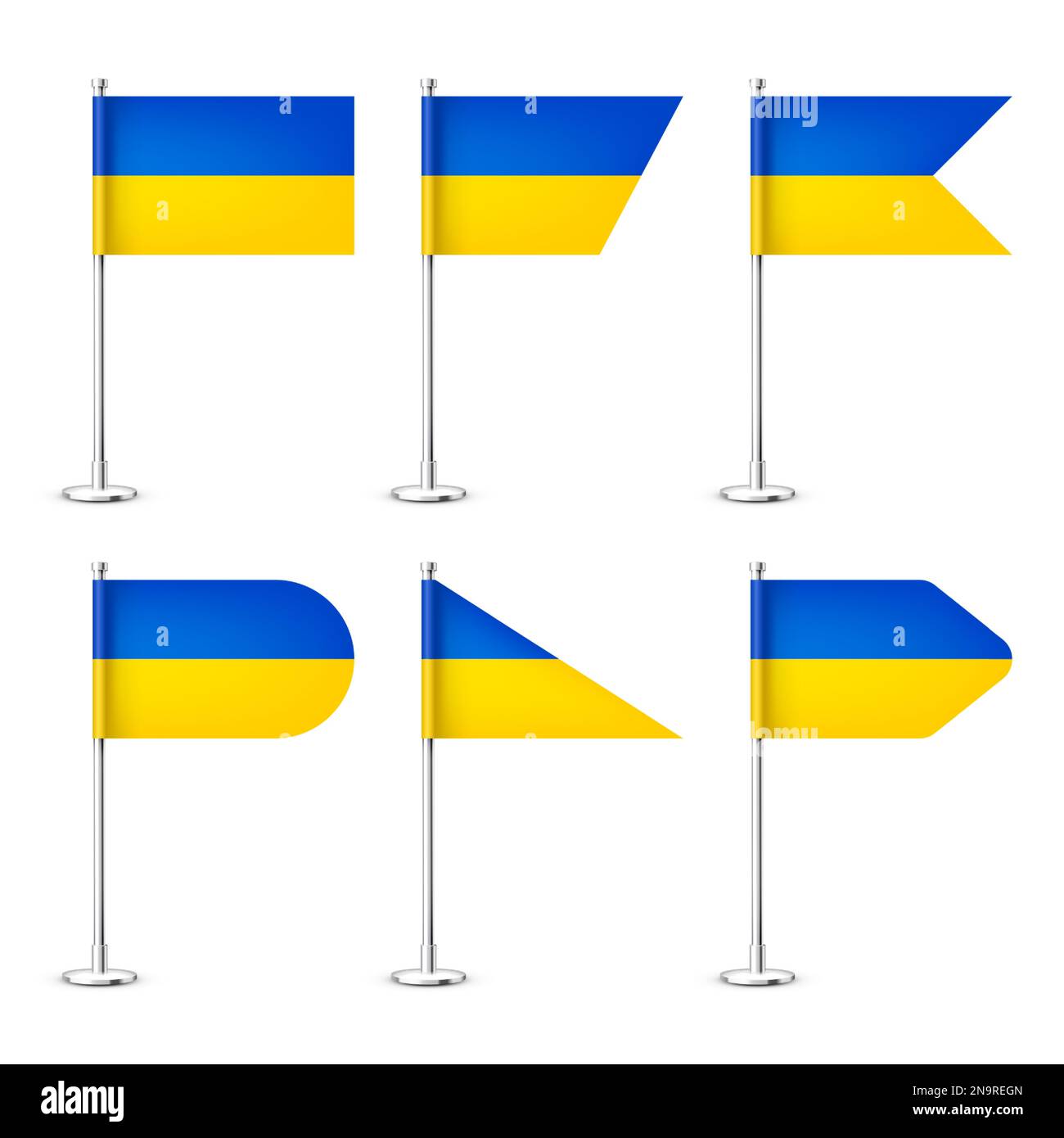 Realistic various Ukrainian table flags on a chrome steel pole ...