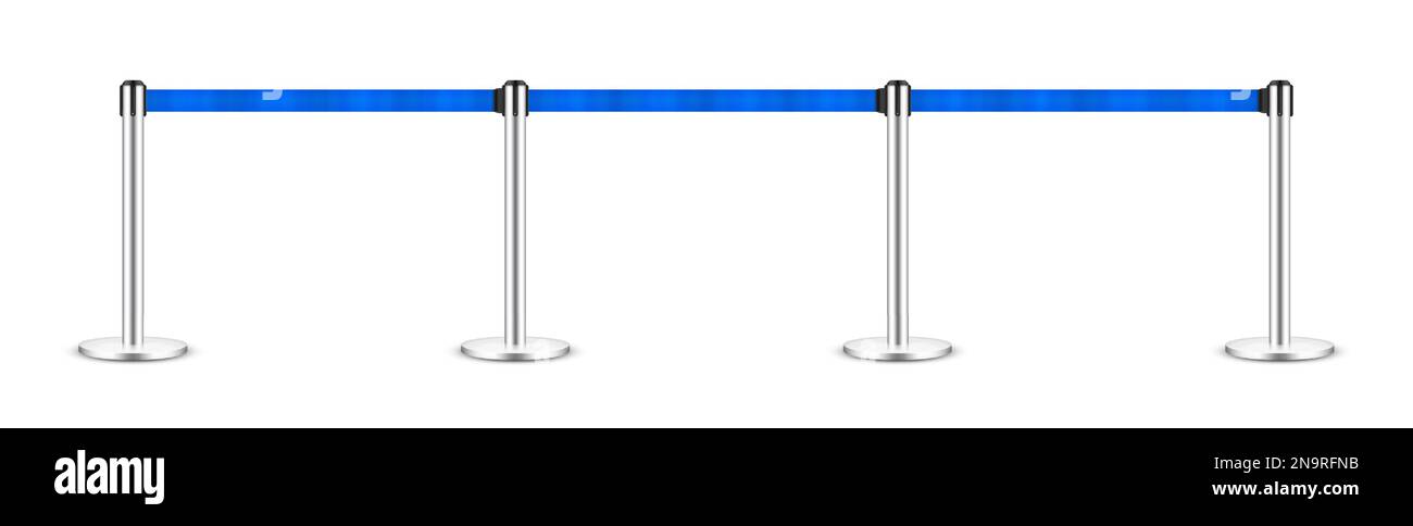 Realistic blue retractable belt stanchion. Crowd control barrier posts ...