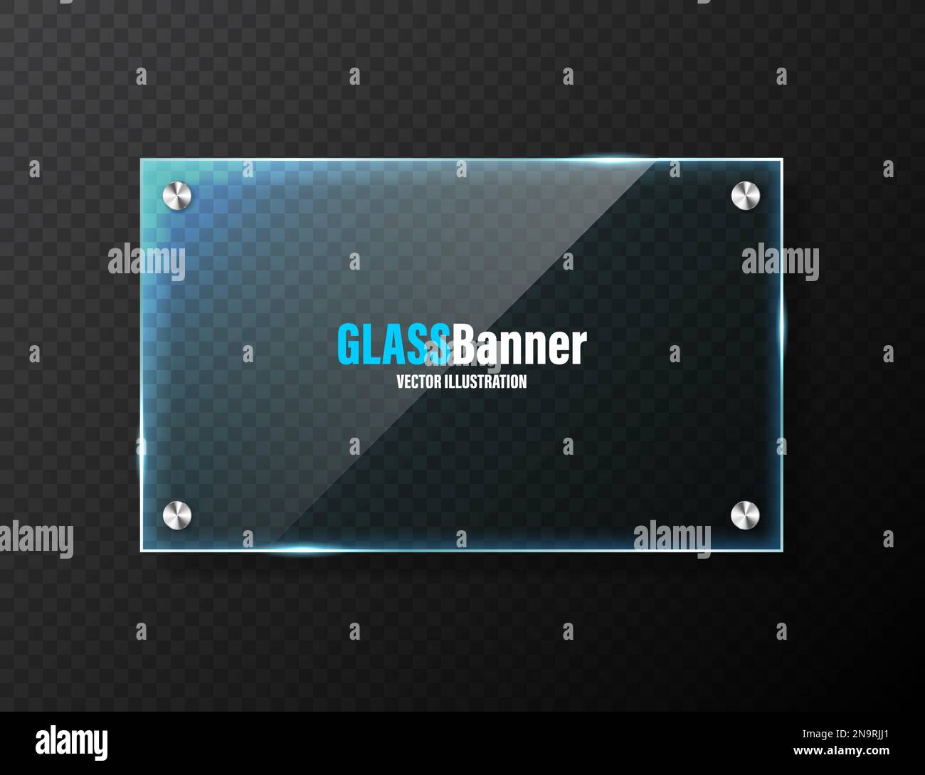 Realistic glass frame with metal holders. Blue transparent glass banner ...