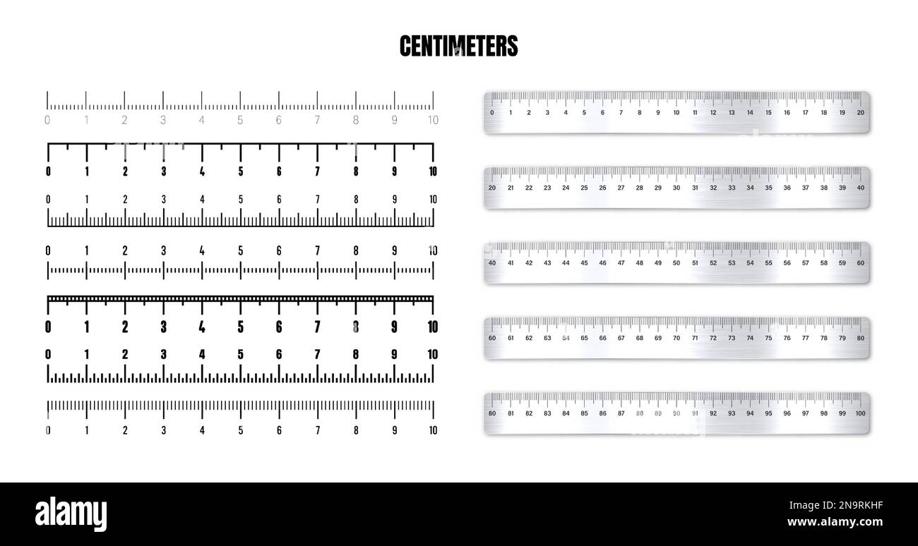 Realistic metal rulers with black centimeter scale for measuring length ...