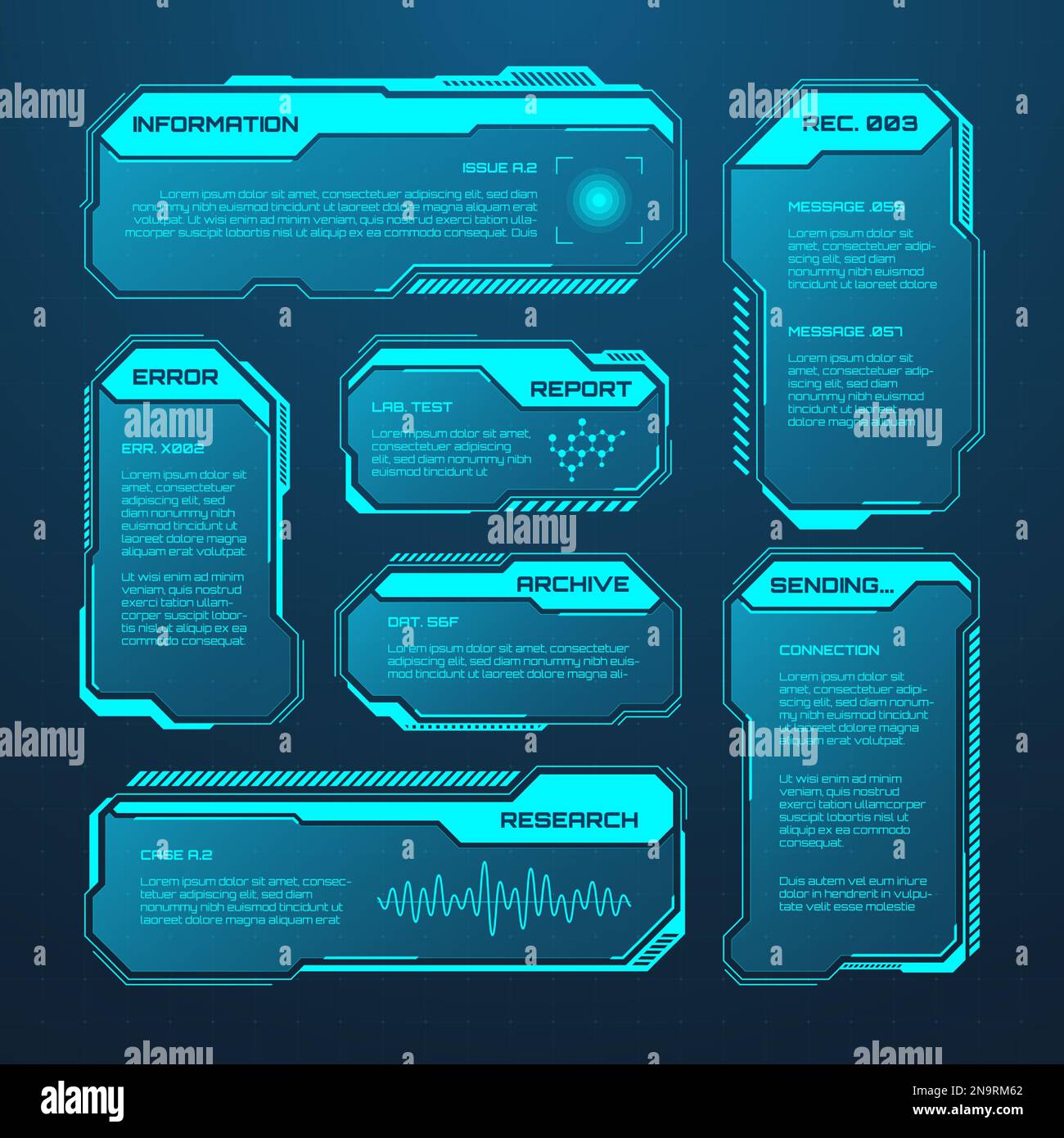 Blue futuristic HUD or UI elements. Sci-fi user interface text boxes, callouts. Warning message ...