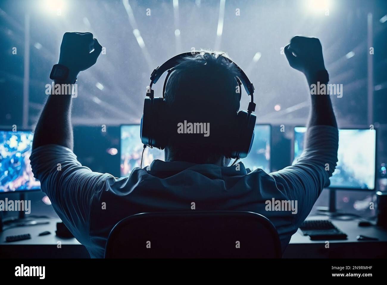 Gamer celebrating victory. Winning an eSports game. Back view Stock ...