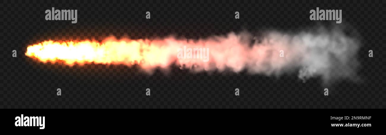 Realistic white smoke with fire, space rocket launch trail. Fire burst ...