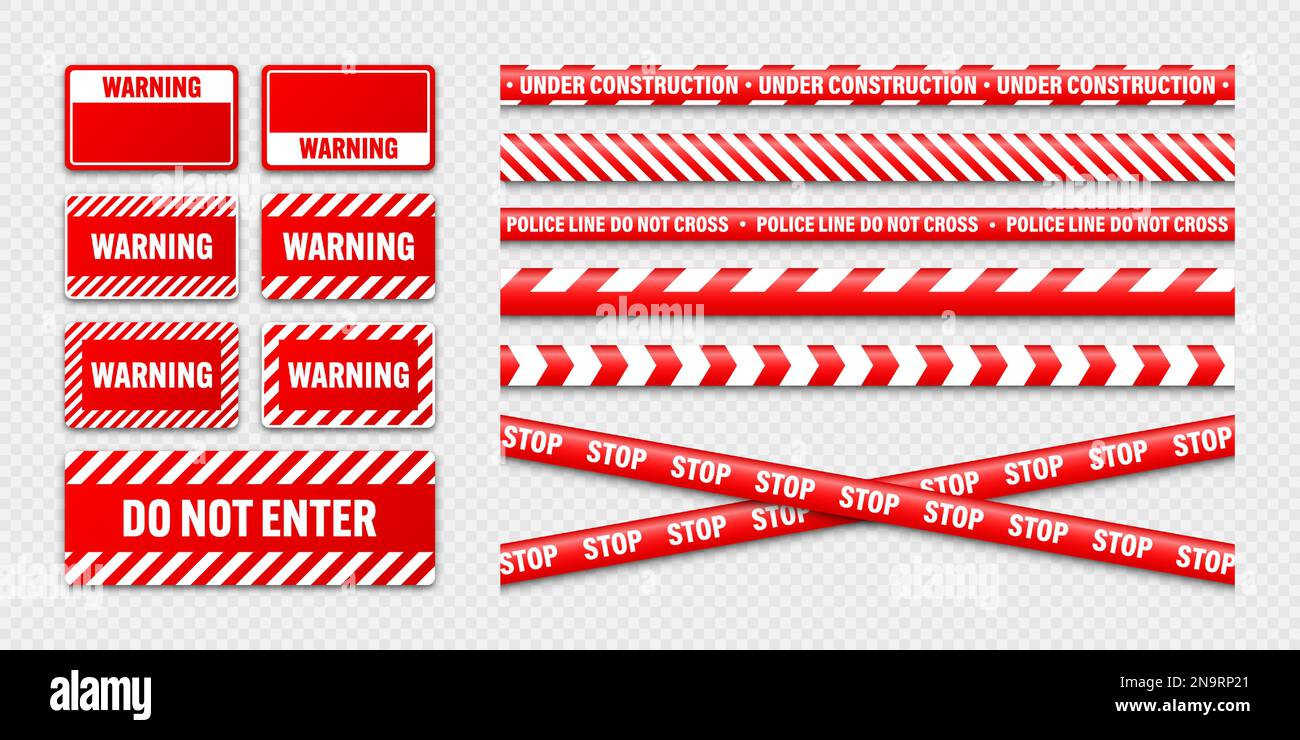 Various barricade construction tapes and warning shields. Red police ...
