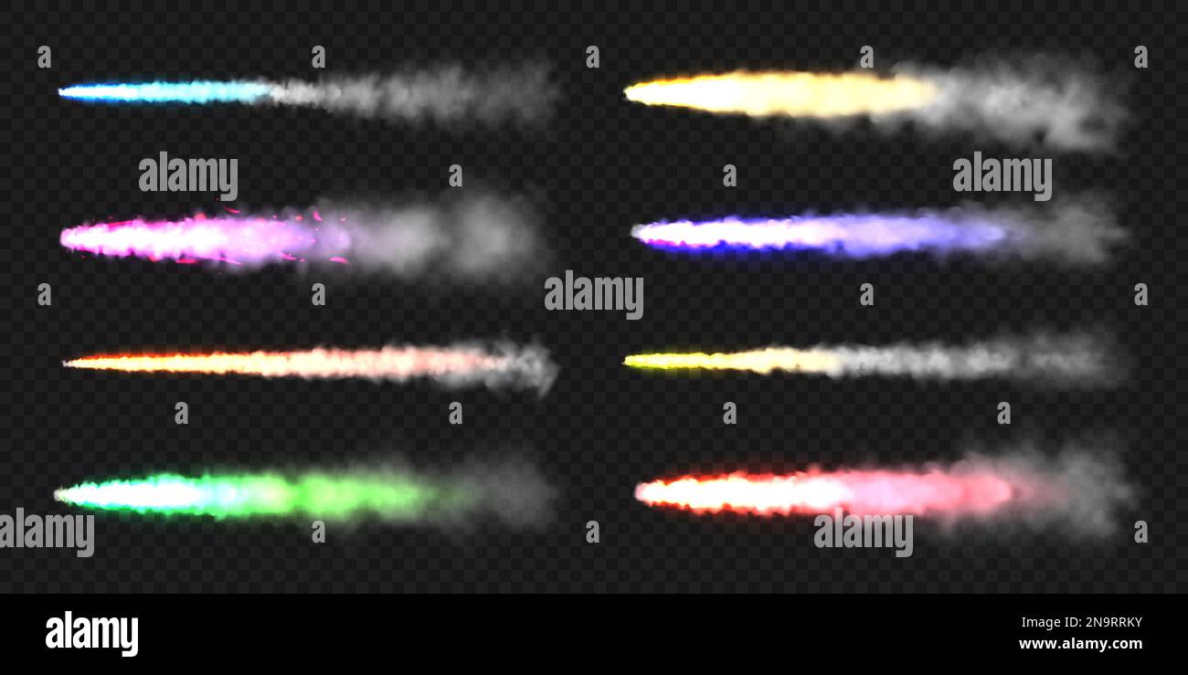 Realistic colorful space rocket trails. Festive fireworks launch. Fire ...