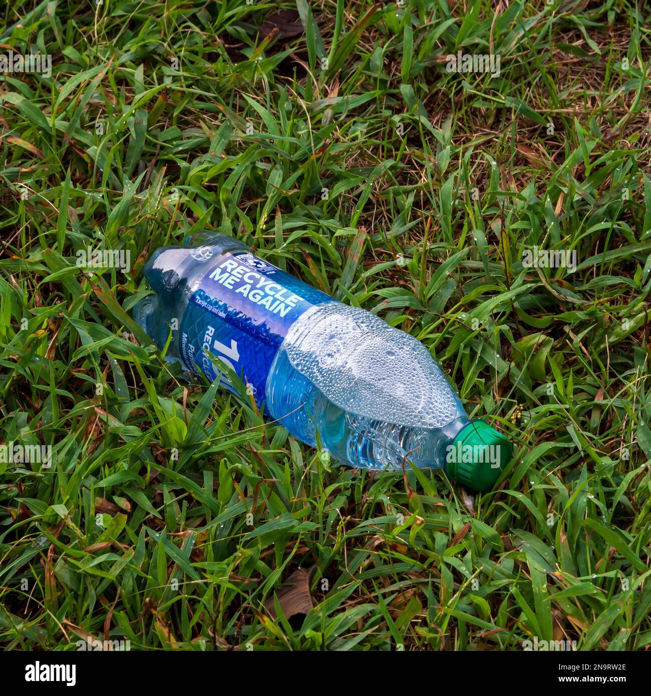 A discarded plastic bottle clearly labeled recycle me again lays in ...