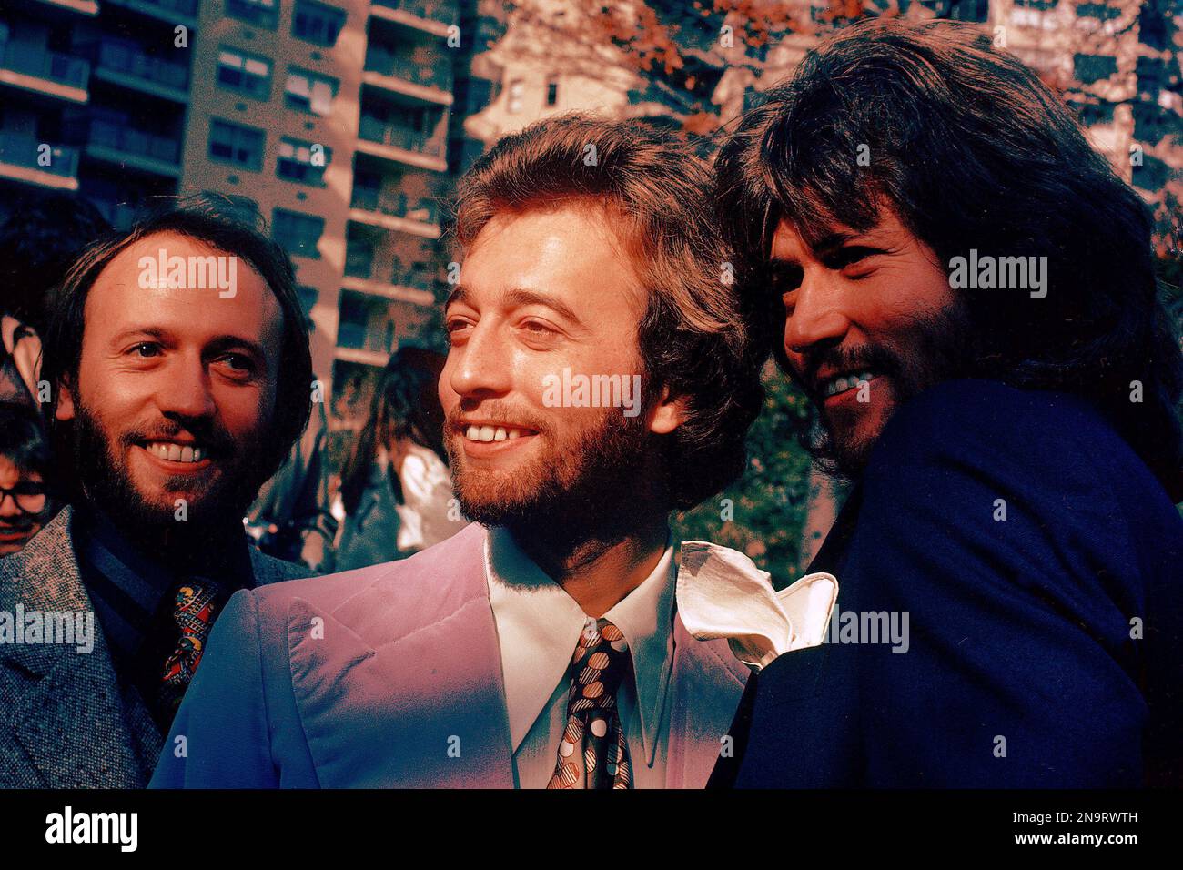FILE- In this undated file photo, from left, members of The Bee Gees ...