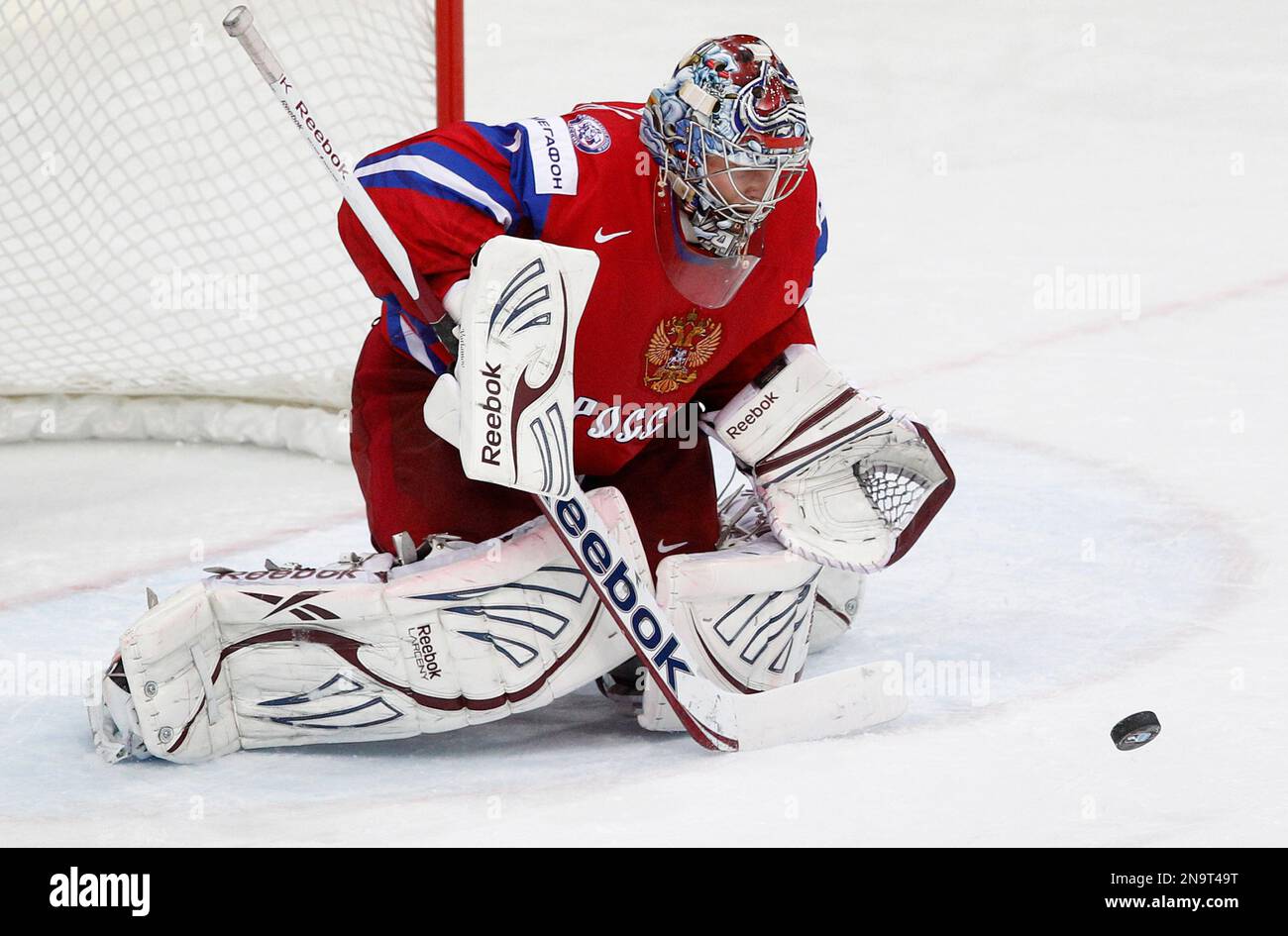 Russia's goalie Semyon Varlamov saves his net during his Ice Hockey ...