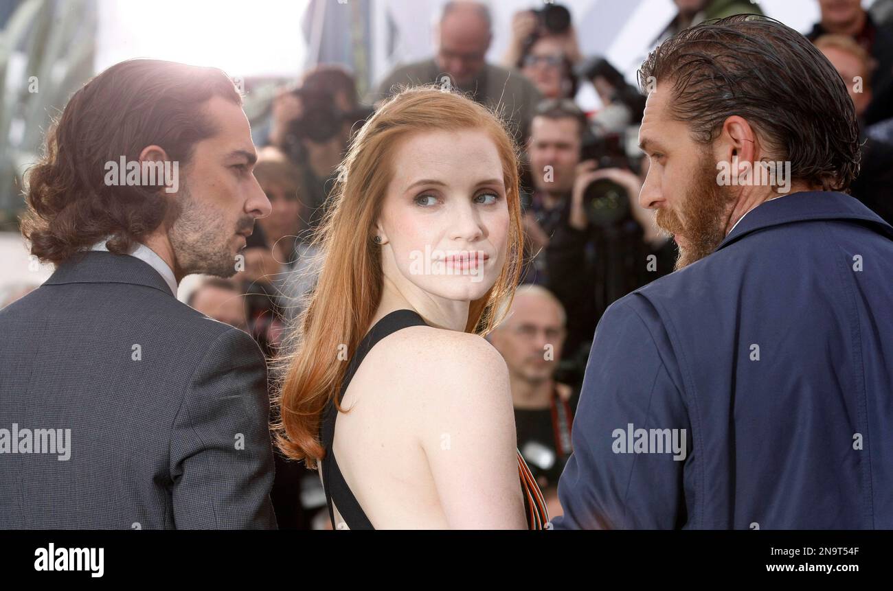 Actors Shia Labeouf Left Jessica Chastain And Tom Hardy Pose During A