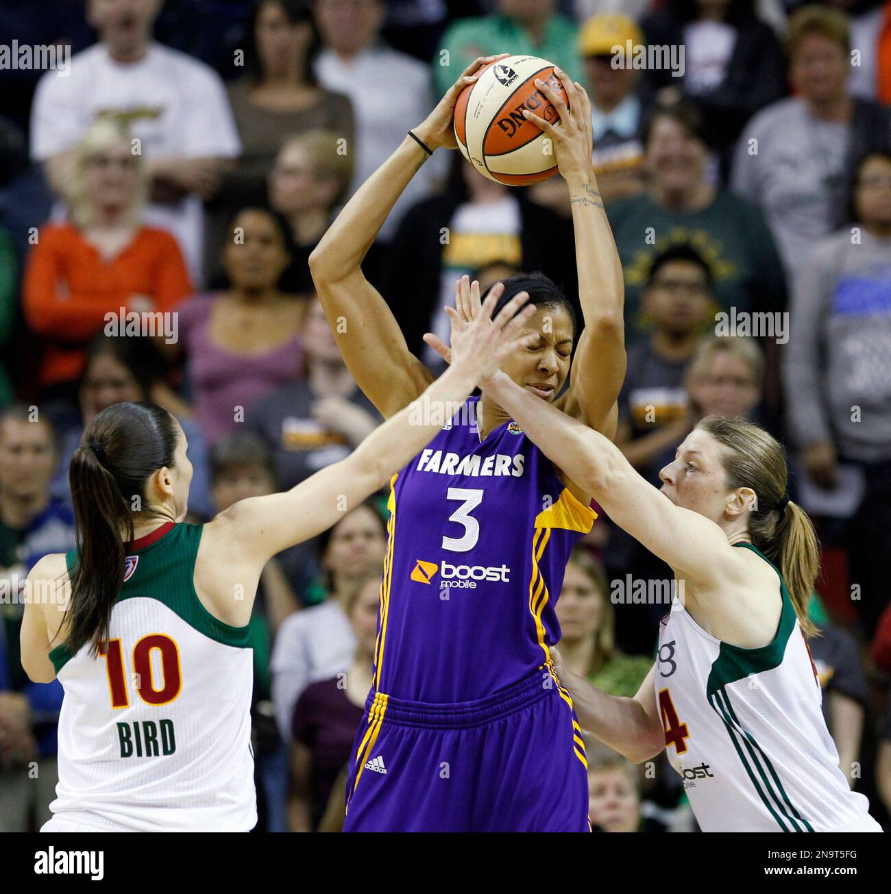 Seattle Storm's Sue Bird (10) and Katie Smith, right, double-team Los ...