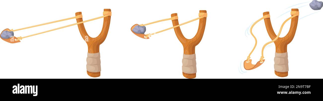 Sling shot. Cartoon slingshot animation stretch rubber sling with stone ...