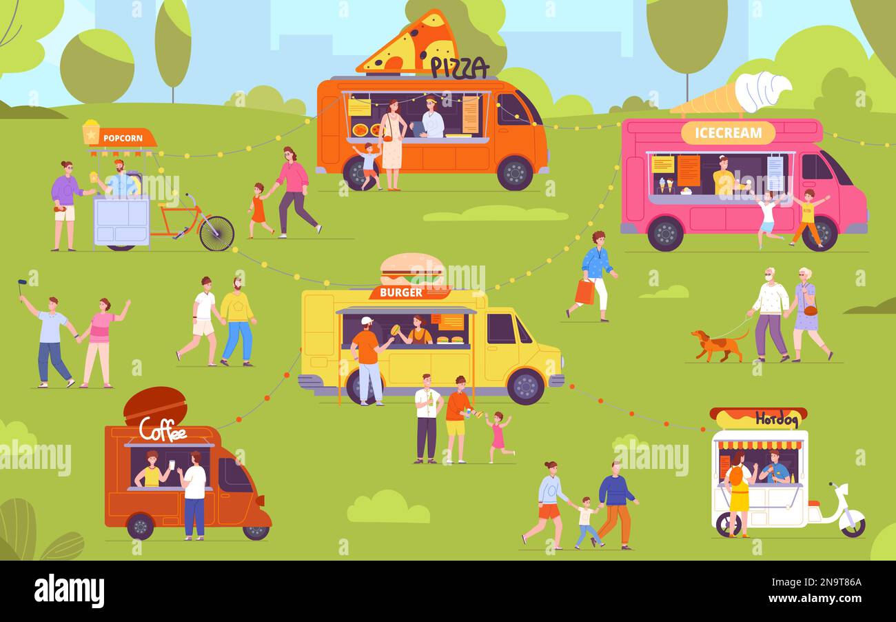 Outdoors food festival. Outdoor catering event, crowd people eat at ...