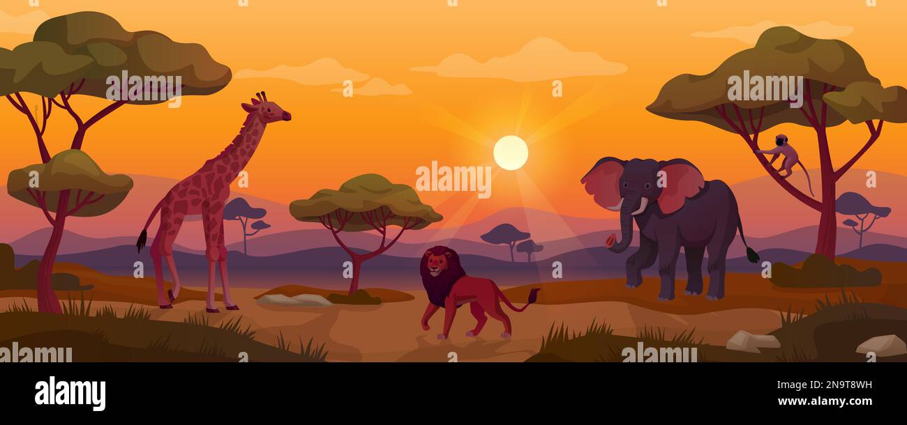 Kenya sunset. Africa plaine landscape, animal silhouettes in meadow ...