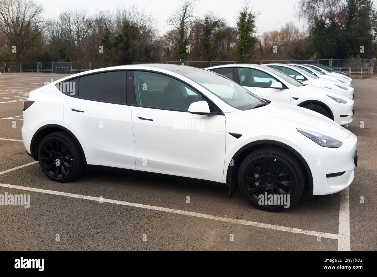 Tesla Electric vehicle EV cars waiting at a delivery collection car hub ...