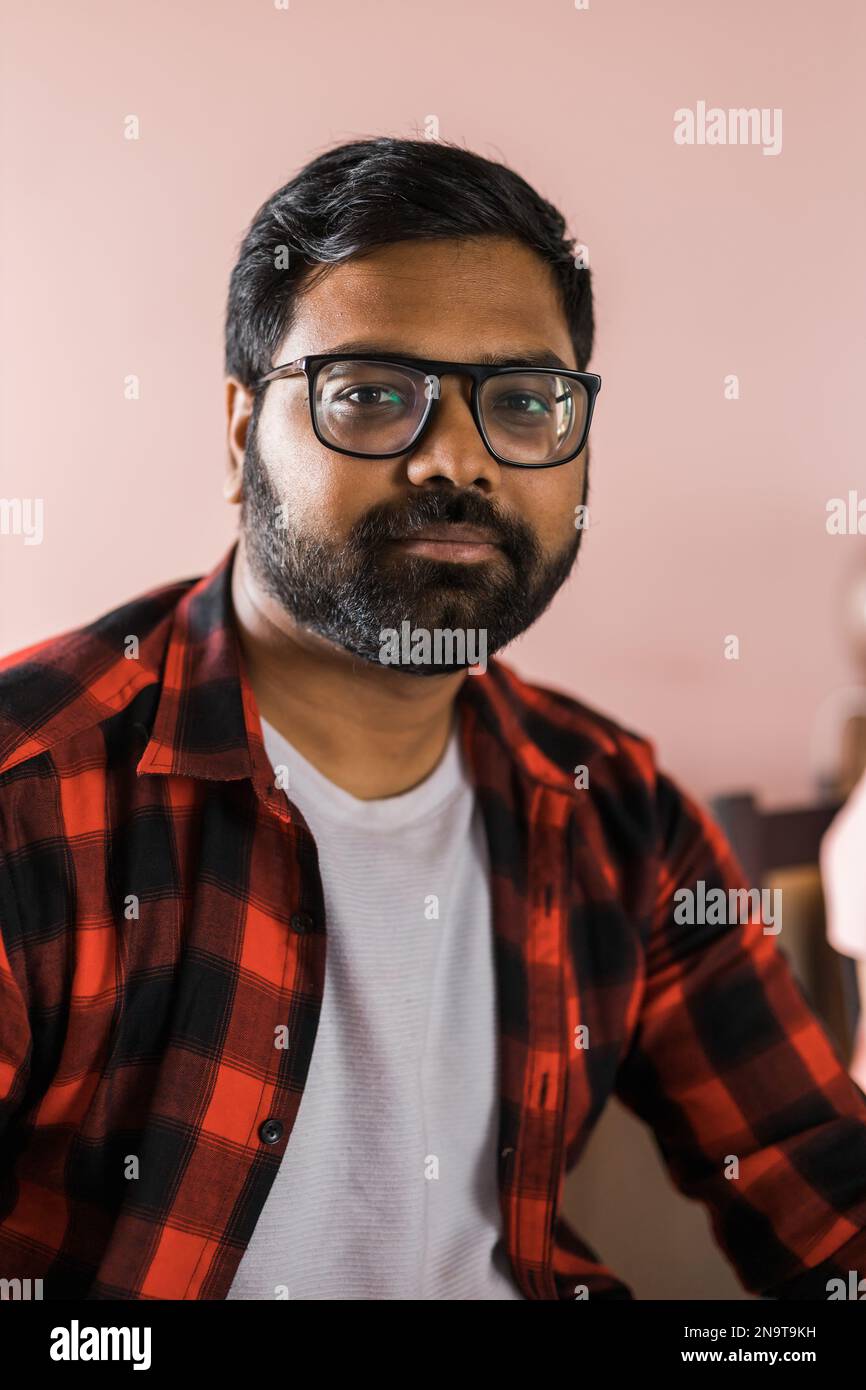 Head shot portrait smart confident smiling millennial indian man ...