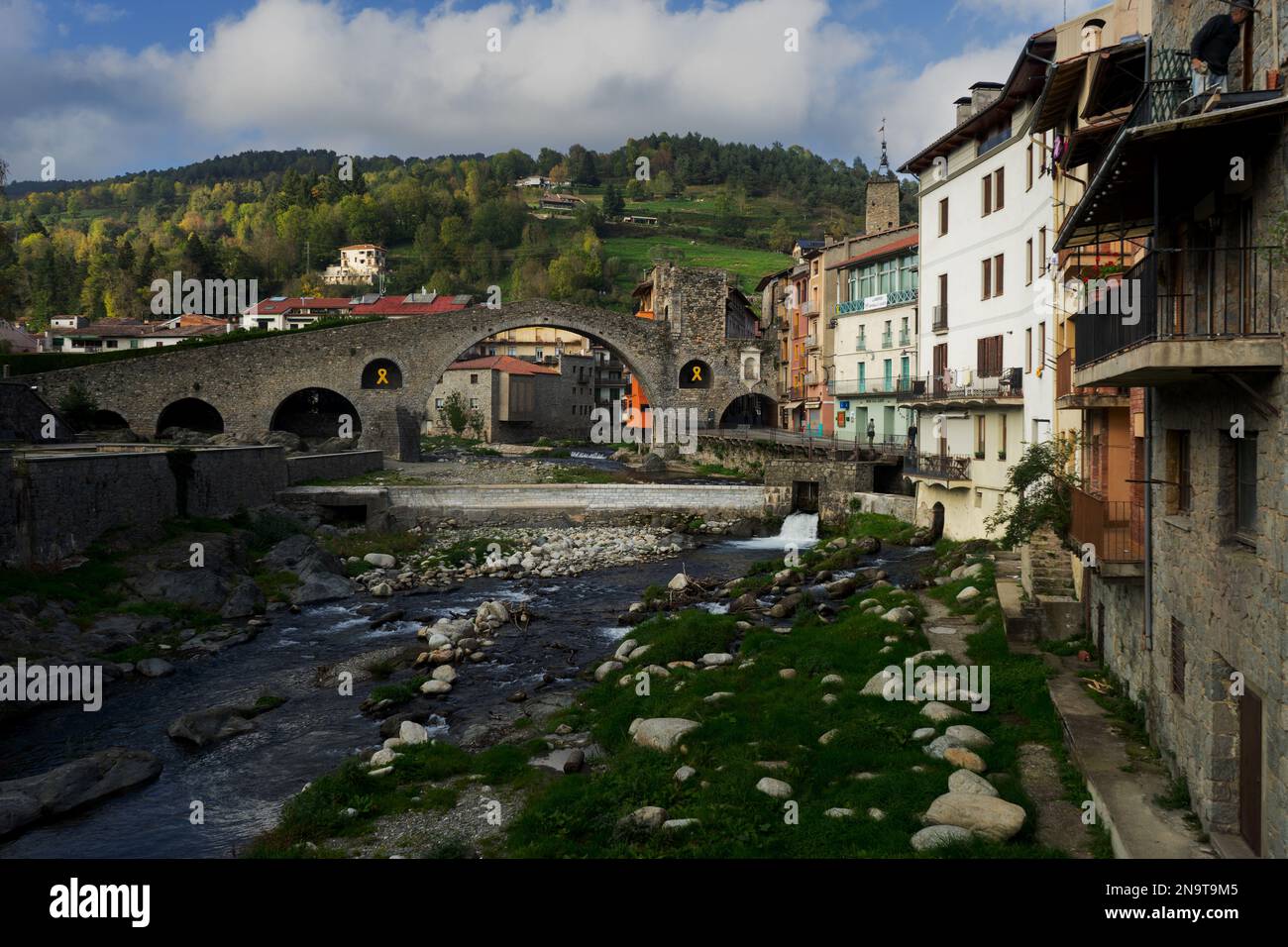 The Riu Ter river in the small Spanish town of Camprodon Stock Photo ...