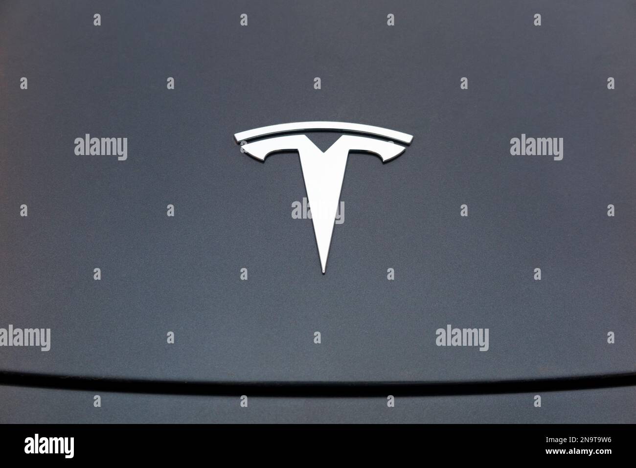 The Tesla logo insignia badge on the bonnet of an EV vehicle at a ...