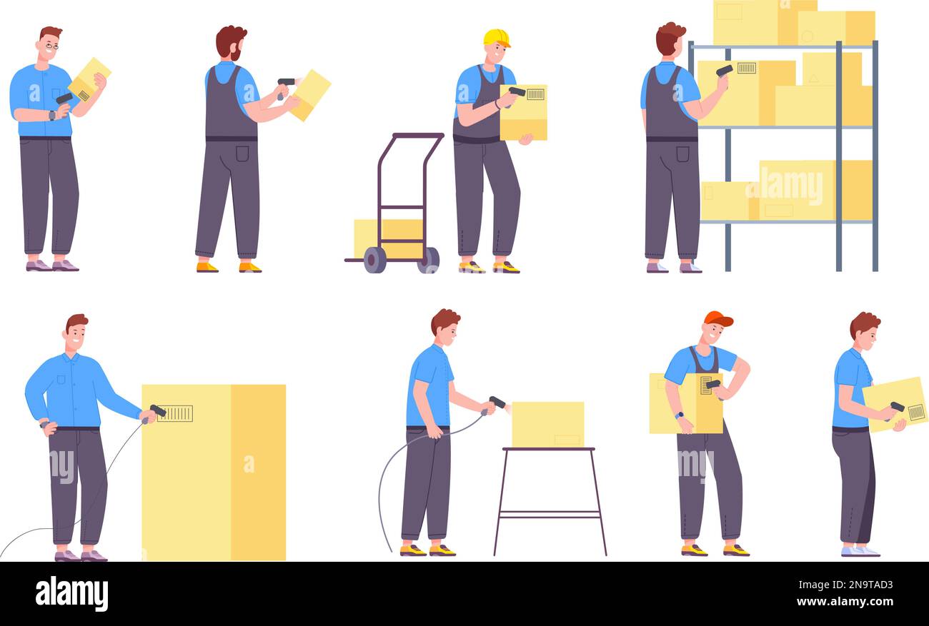 Workers scanning barcode. Warehouse and store worker with scanner check ...