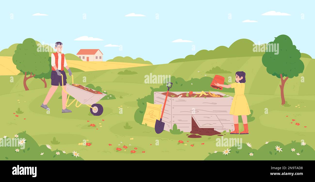 People making compost. Family humus composting on agriculture farm ...