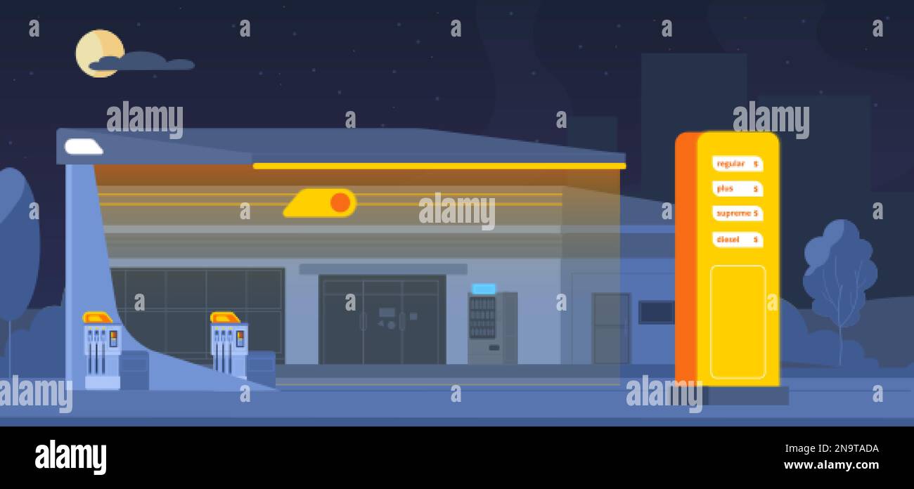 Night petrol station. Road car shop refill tank petrol essence, prices ...