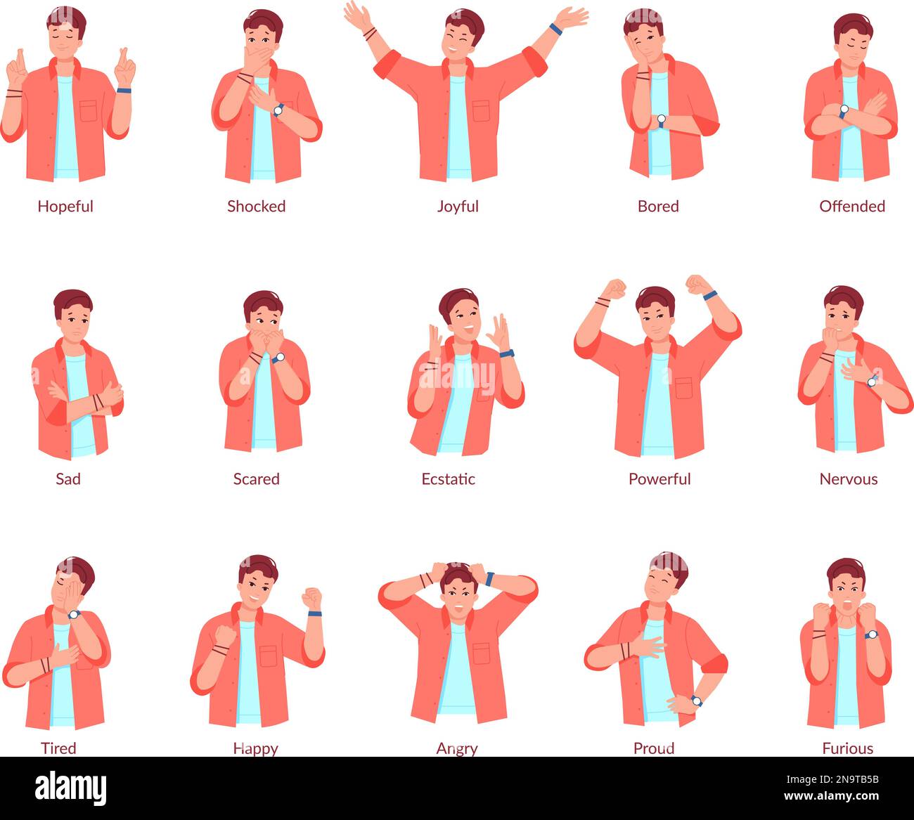 Different emotion gestures. People emotions on body expression, upset portrait person setabout ...